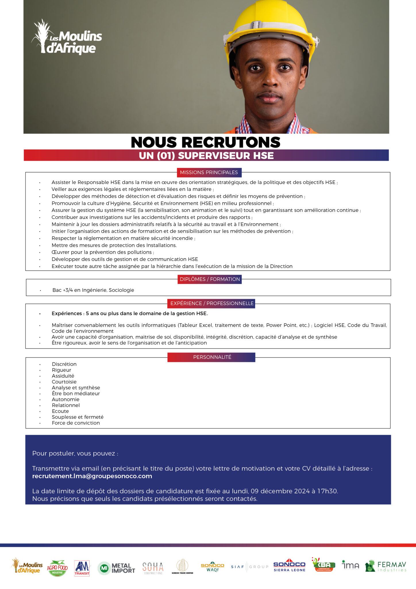 UN (01) RESPONSABLE LOGISTIQUE / UN (01) SUPERVISEUR HSE / UN (01) SUPERVISEUR SURETÉ – SONOCO